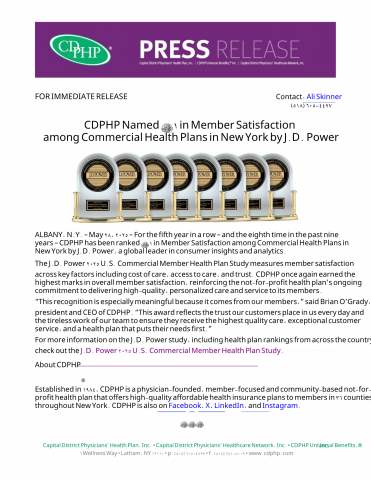 CDPHP Named #1 in Member Satisfaction among Commercial Health Plans in New York by J.D. Power ...